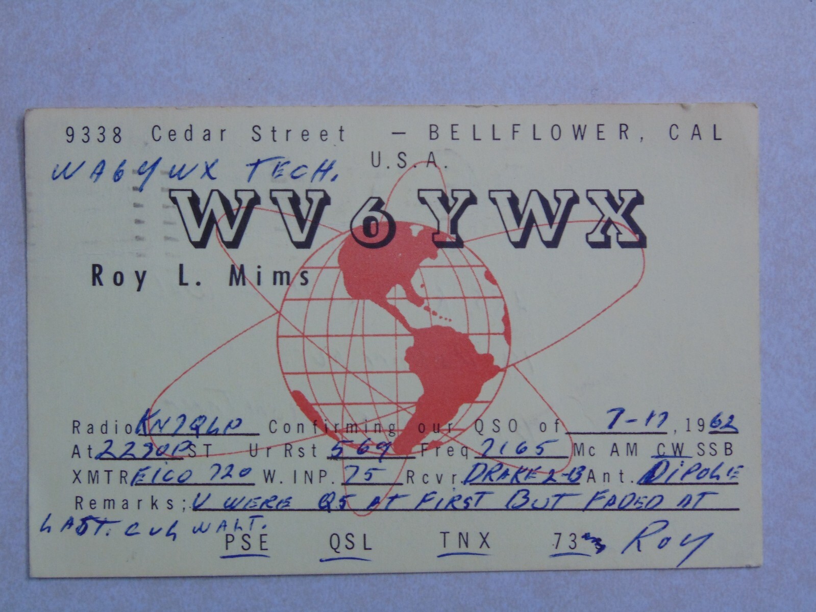 D2543 Postcard QSL CB Ham Radio Card WV6YWX Bellflower CA California ...