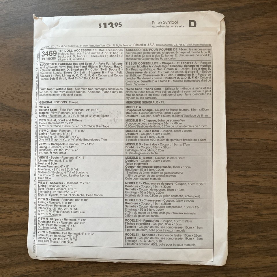 2001 McCalls Sewing Pattern 3469, 18" Doll Accessories Shoes Purse ...