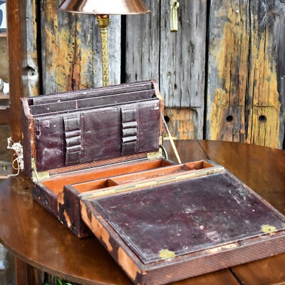 Antique Victorian Leather Bound Writing Slope Royal Navy Captain J F ...