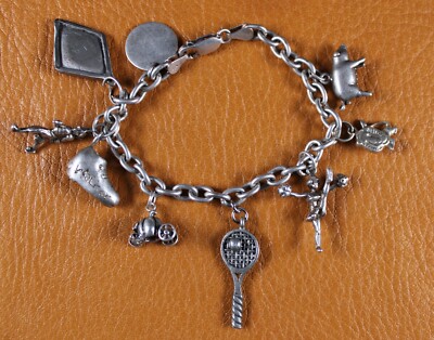 Vintage Mixed Theme Cable Charm Bracelet 9 Charms Sterling Silver Size ...