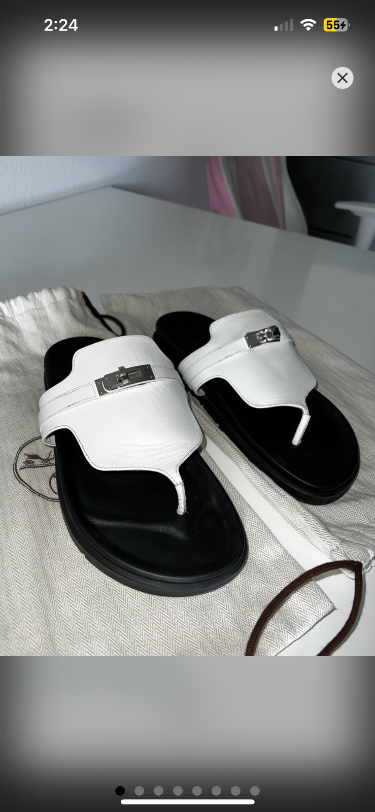 HERMES White Calfskin EMPIRE Flat SANDALS Size 8 Kelly Lock Logo Slide ...