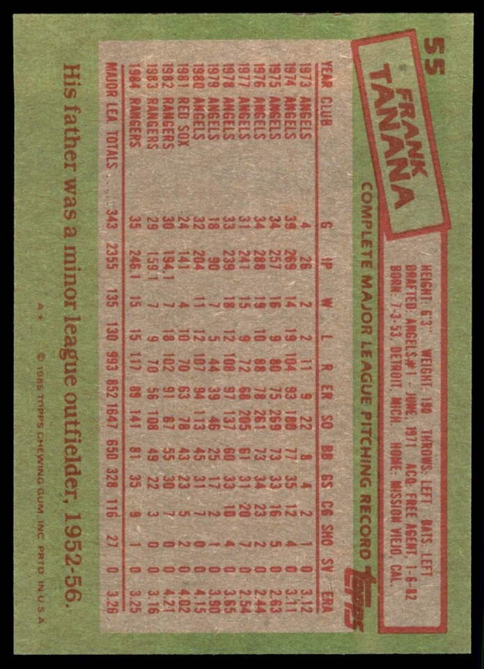 1985 Topps Frank Tanana . Texas Rangers #55 | eBay