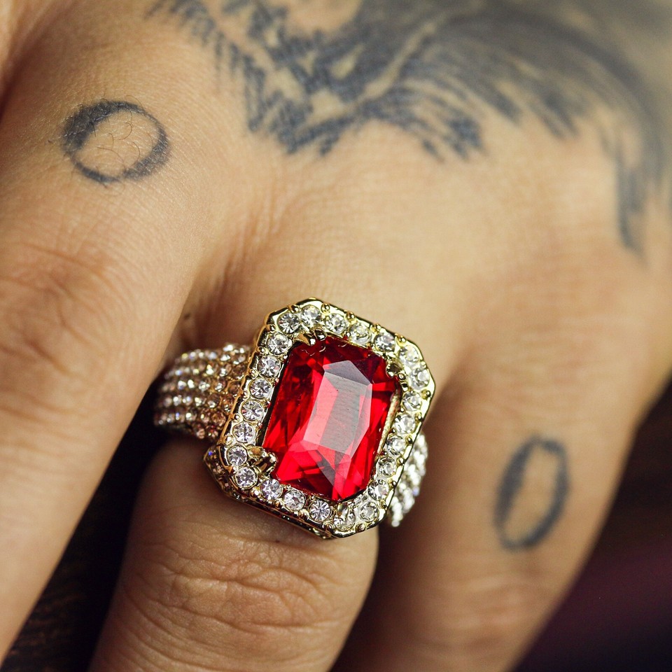 Red Pinky Ring Iced Cubic Zirconia 18k Gold Plated Hip Hop Fashion ...