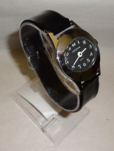 Mens Customtime Cyclops Mechanical Wind Silver Tone Watch Black Vinal ...