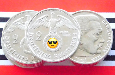 GERMANY 2 REICHSMARK 1938 A HINDENBURG Silver Coin Third Reich Genuine ...