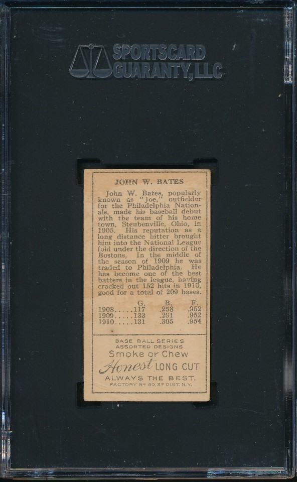 1911 T205 Honest Long Cut: JOHN BATES Philadelphia Phillies ~ SGC 1.5 ...