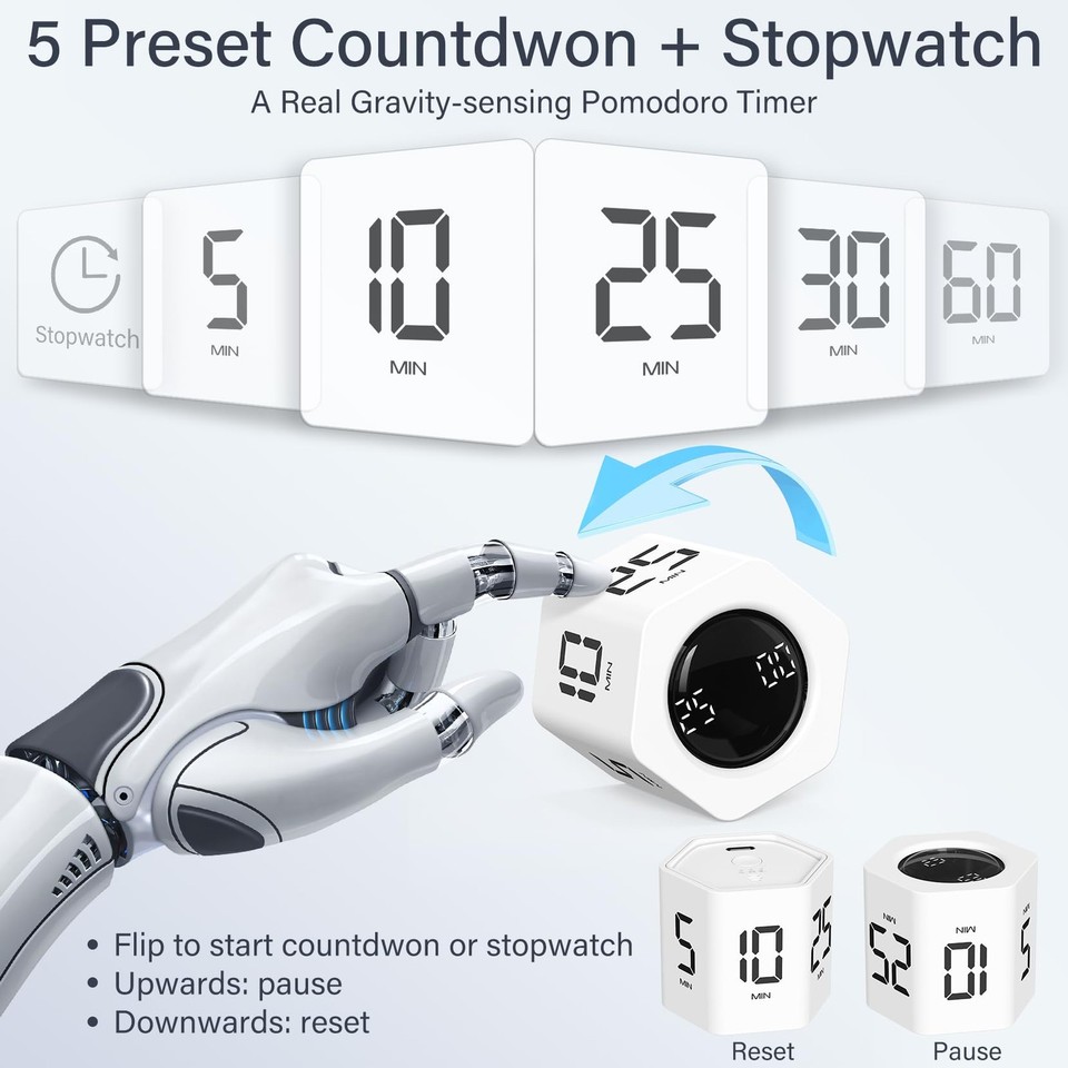 Rotating Pomodoro Timer 5, 25, 10 30,60 Mins Preset Stopwatch, Desk ...
