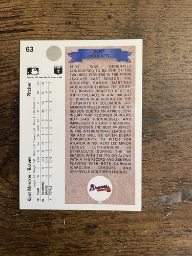 Upper Deck Rookie 1990 Kent Mercker P #63 Atlanta Braves Baseball Card ...