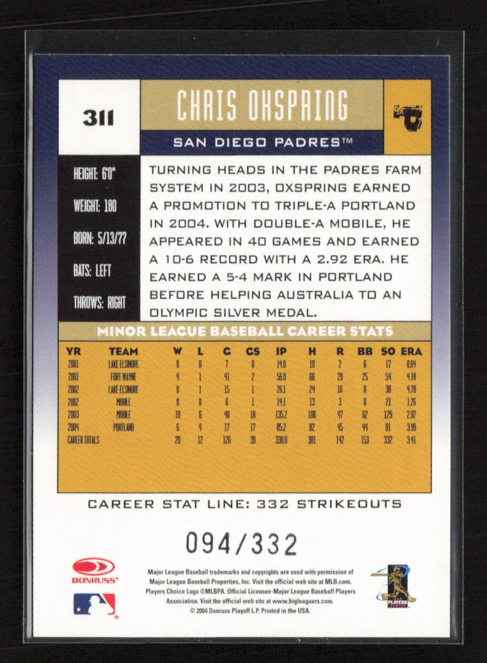 2005 Donruss #311 Chris Oxspring Stat Line Career #/332 San Diego ...