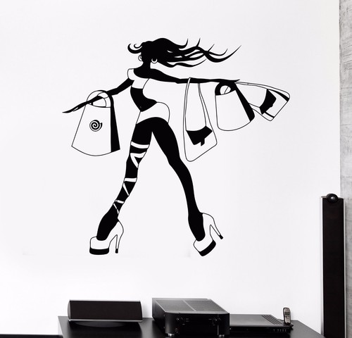Vinyl Wall Decal Shopping Shopaholic Woman Shops Fashion Girl Stickers ...