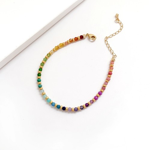 Women 14K Gold Natural 20 Gems Rainbow 3mm Jewelry Chain Bracelet | eBay