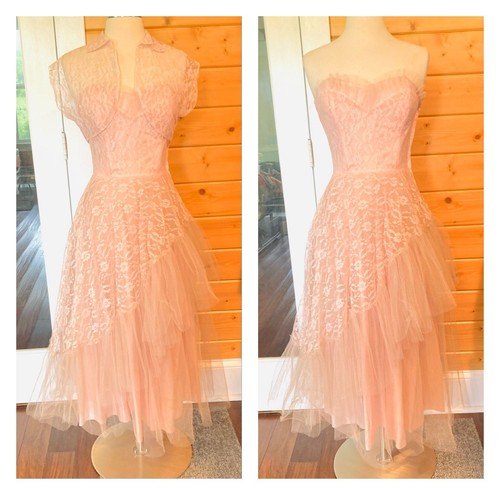 Vintage 1950s strapless prom dress w lace bolero dusty pink ...