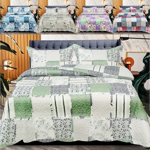 3 Piece Quilted Patchwork Bedspread Throw Single Double King Size ...