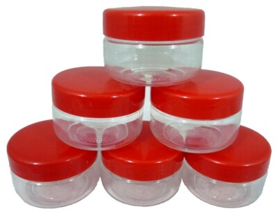 8 x Clear Plastic Screw Top Storage Containers with Red Lids Pill Box ...