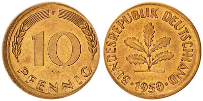 Deutschland 10 Pfennig 1950 F Fehlprägung: 5% dezentriert prägefrisch ...