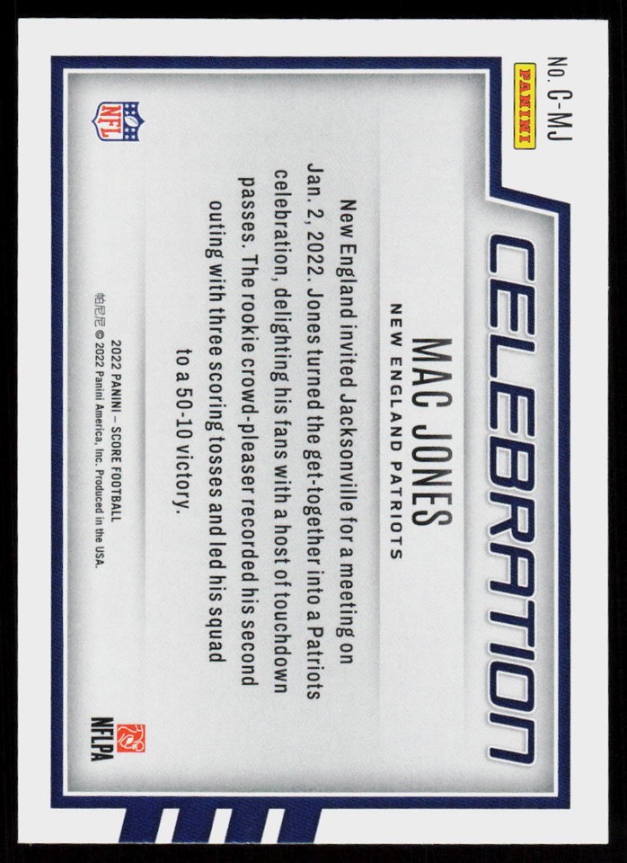 2022 Score Mac Jones #C-MJ FOOTBALL New England Patriots Celebration ...