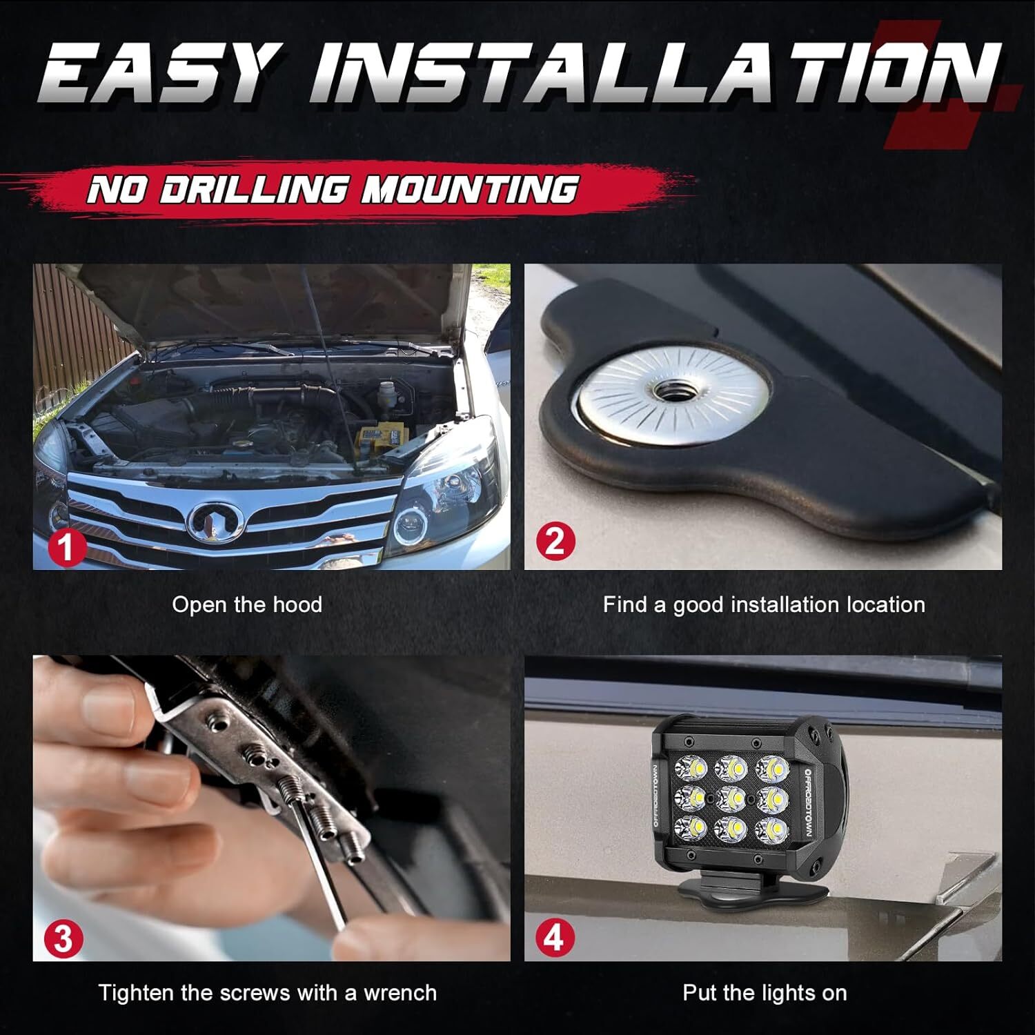 OFFROADTOWN 2X Hood Mount LED Light Bar Mounting Brackets Pillar Engine ...