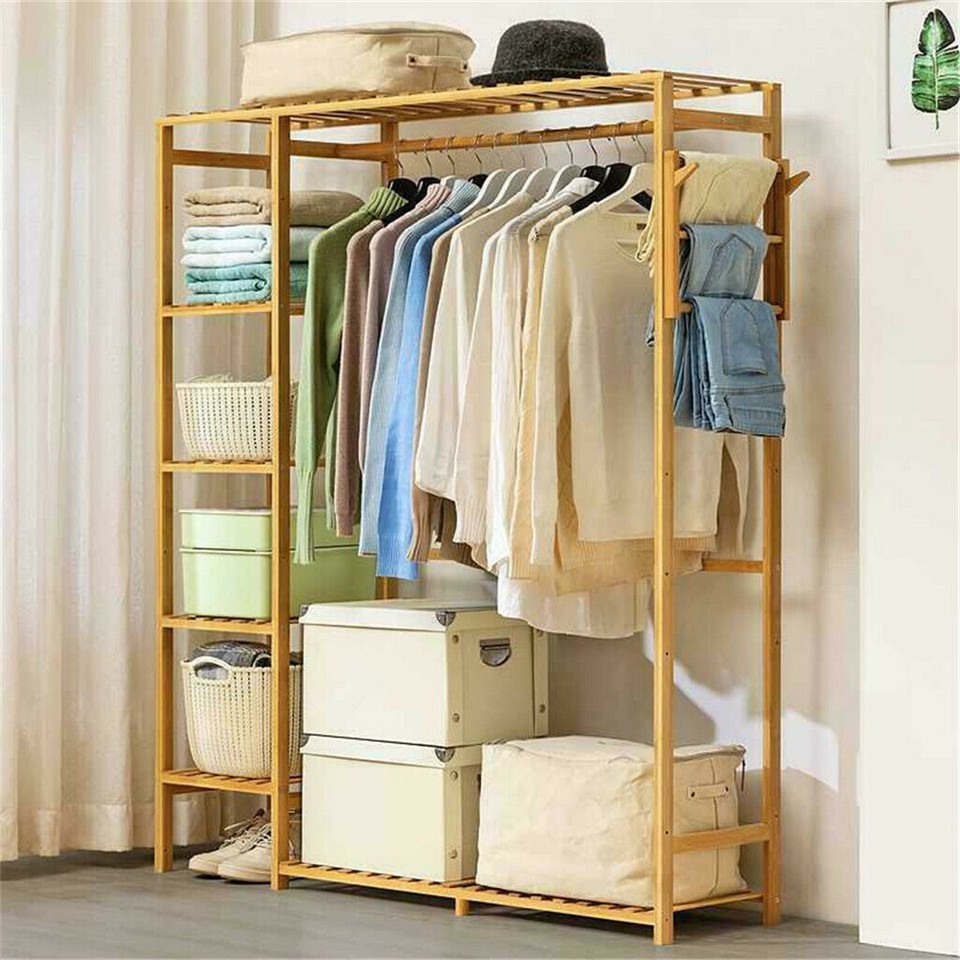 Wooden Clothes Garment Hanging Stand Shoe Rack Display Storage Shelf w ...