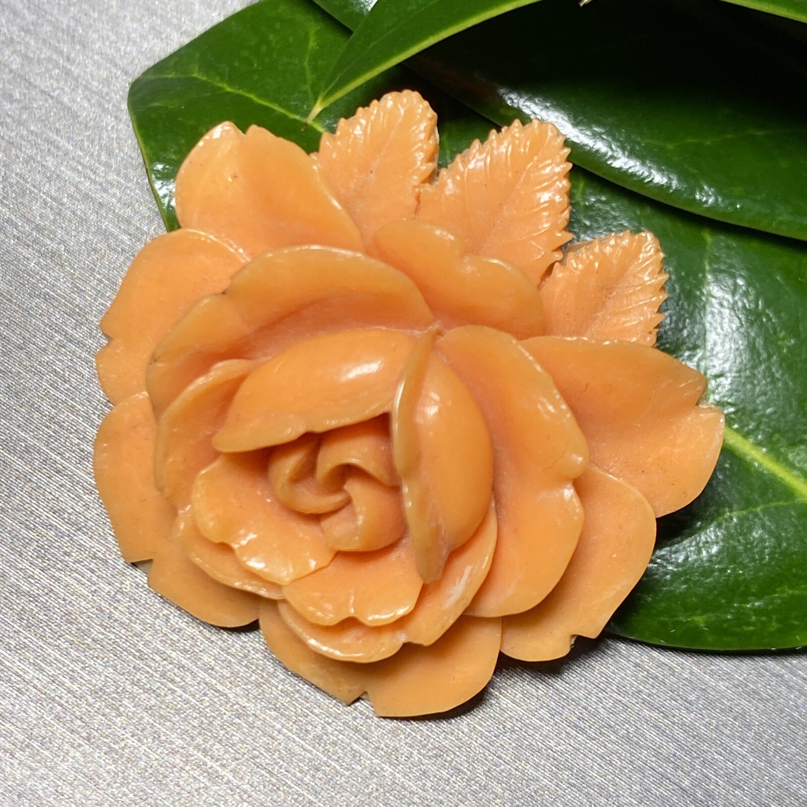 Finely Carved Celluloid Faux Coral Orange Rose Flower… - Gem