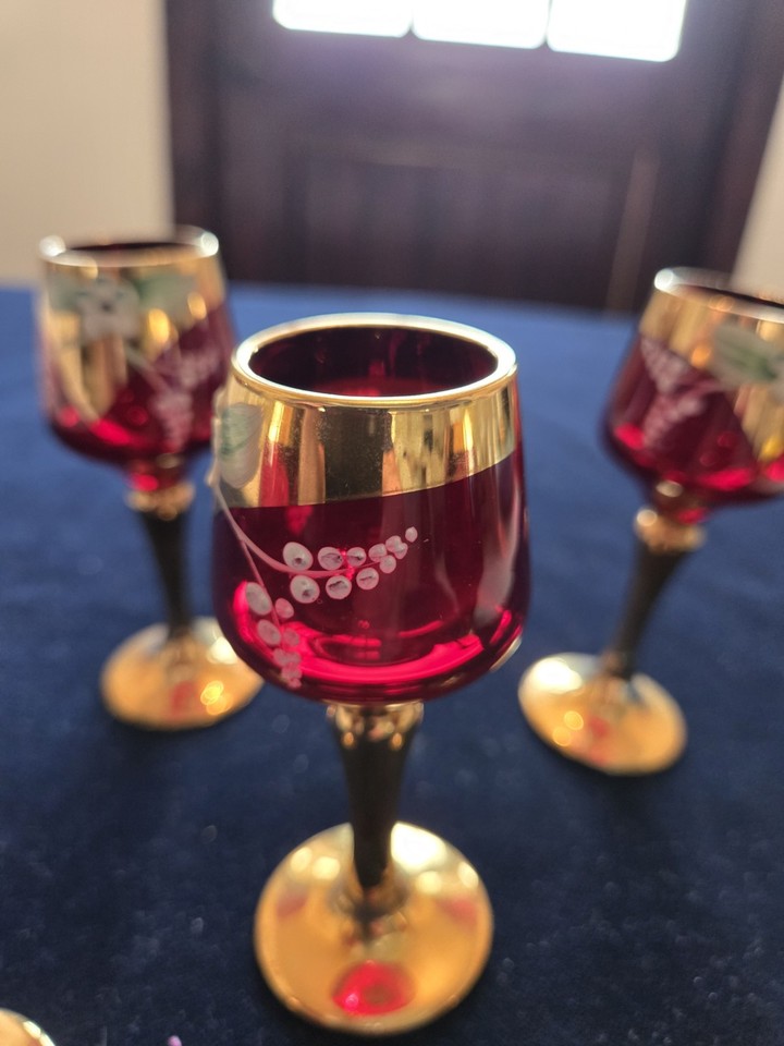 Ruby Red Glass Cordial Set of 5 Applied Flowers Art Glass Vintage ...