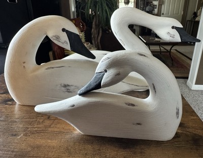 Signed James Haddon Lot Of 3 Folk Art Carved Painted Wooden Swans ...