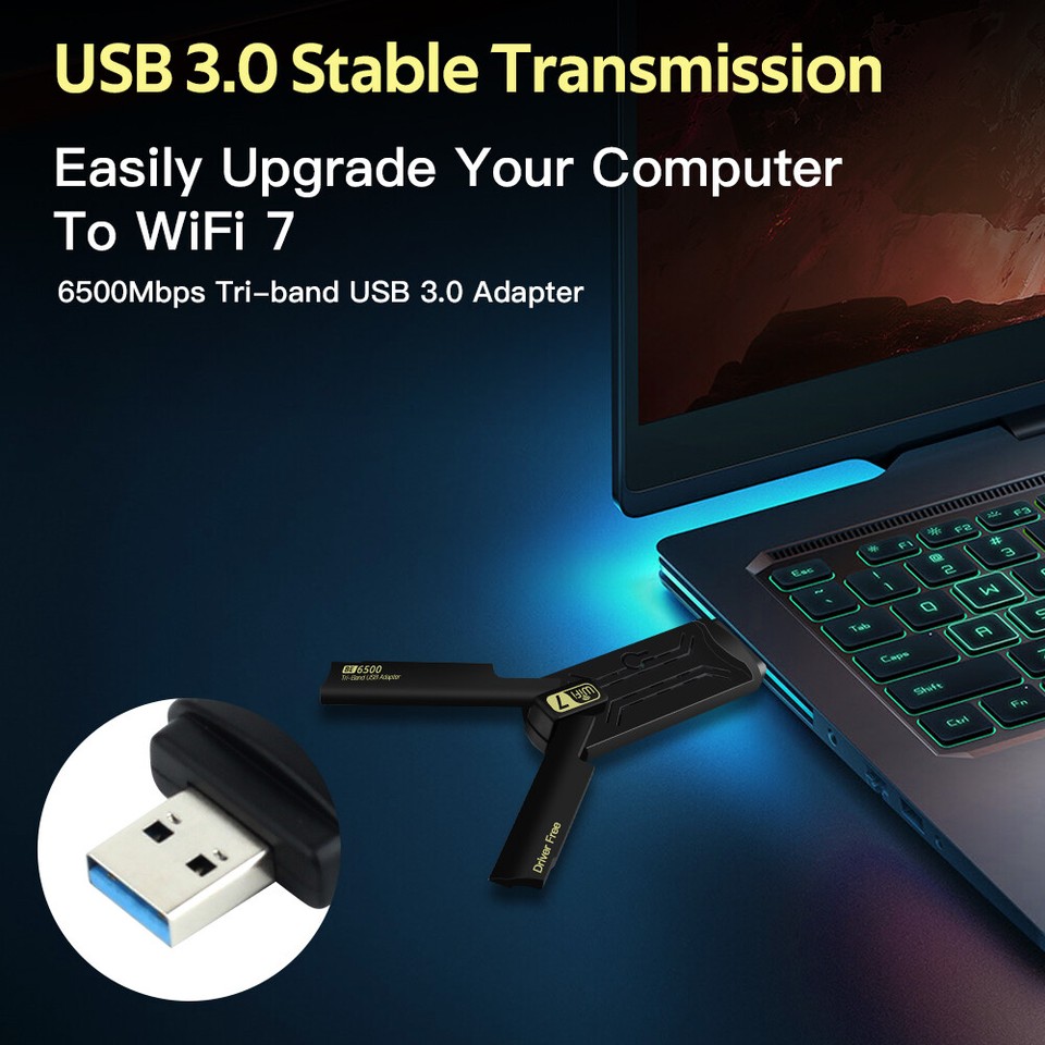 Gaming USB 3.0 WiFi 7 Adapter 6500Mbps USB Card with External extension ...