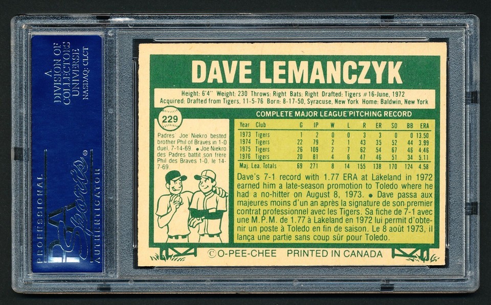 1977 OPC BASEBALL 229 DAVE LEMANCZYK BLUE JAYS PSA 7 NEAR MINT | eBay