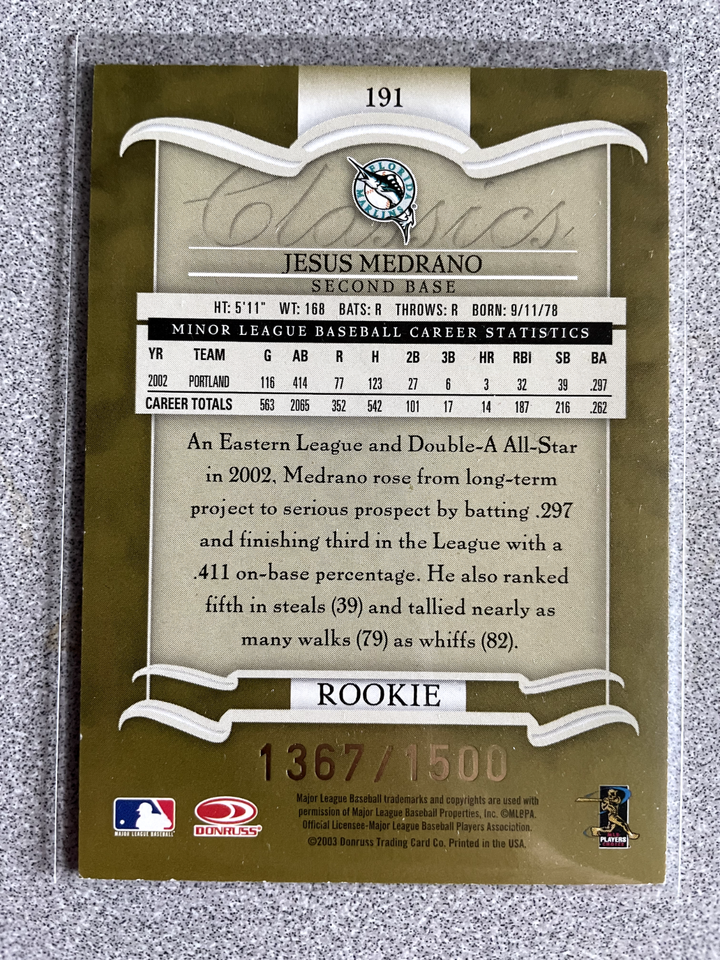 2003 Donruss Classics Jesus Medrano Rookie Card /1500 #191 Florida ...