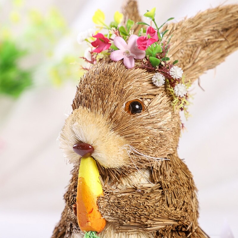 Easter Sitting Rabbit Ornament Cute Straw for Doll with Carrot Wr | eBay