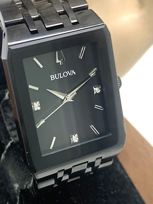 Bulova Men's Watch 98D164 Quartz Diamond Black Dial Rectangle Stainless ...