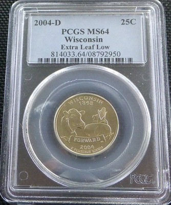 2004-D Wisconsin State Quarter - ERROR - Extra Leaf Low PCGS MS 64 | eBay