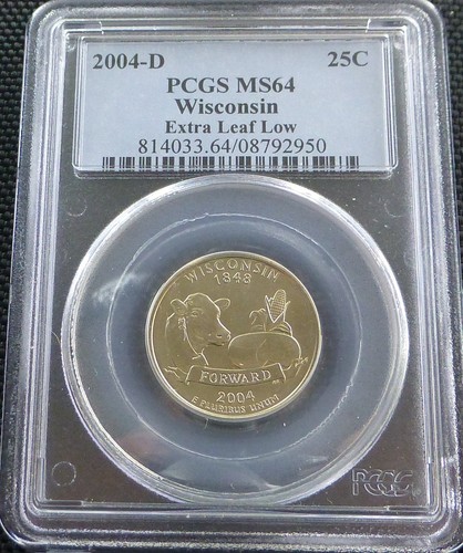 2004-D Wisconsin State Quarter - ERROR - Extra Leaf Low PCGS MS 64 | eBay