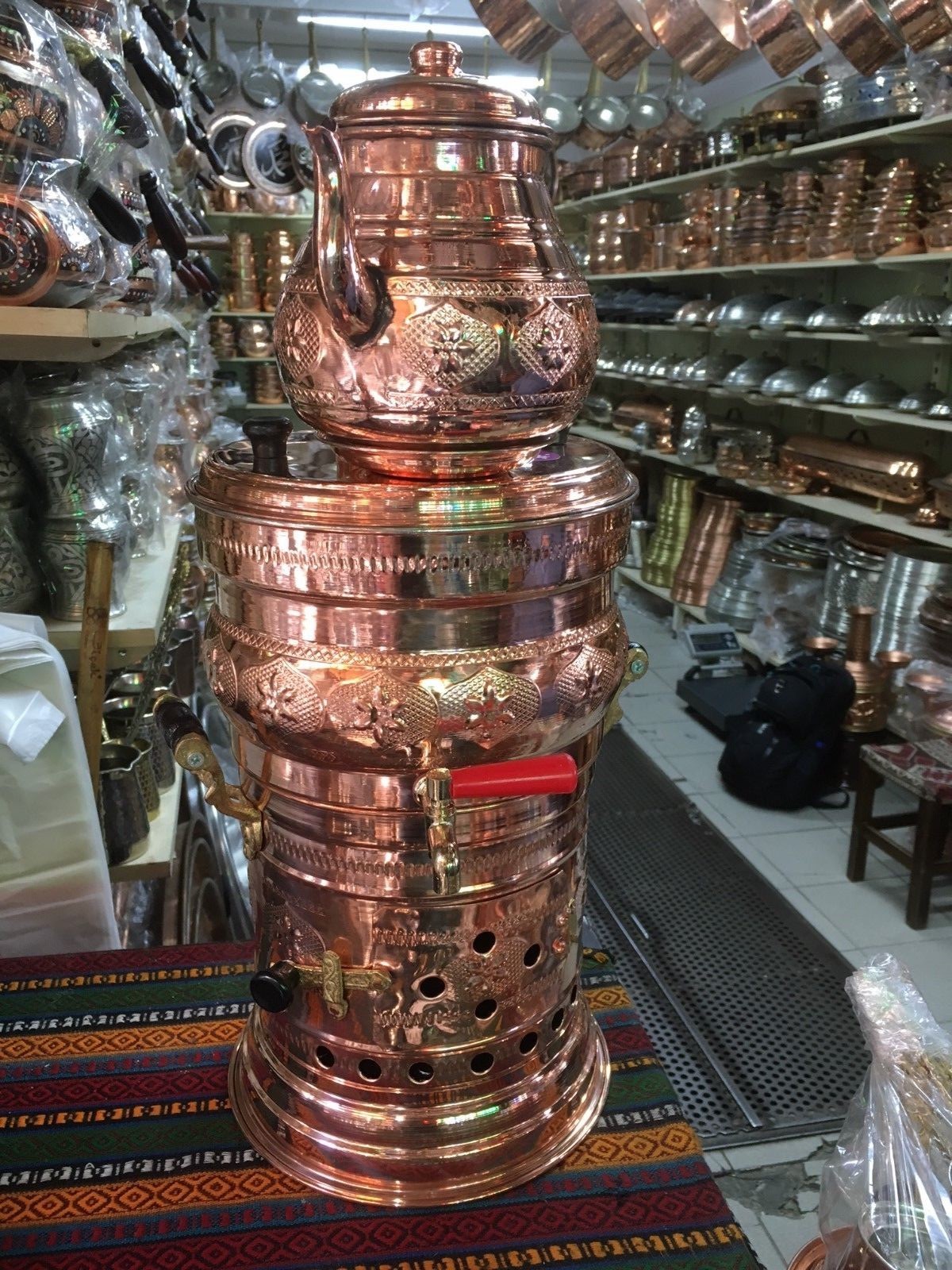 Turkish Handmade Copper Teapot Set Charcoal Samovar Double Kettle Tea ...