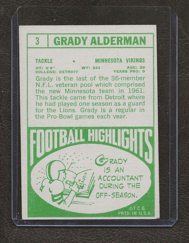 1968 Topps Football #3 Grady Alderman, Minnesota Vikings, EX-MT! | eBay