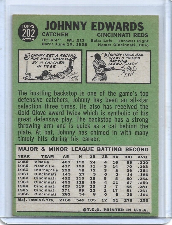 Johnny Edwards-Cincinnati Reds-1967 Topps Baseball Card #202 | eBay