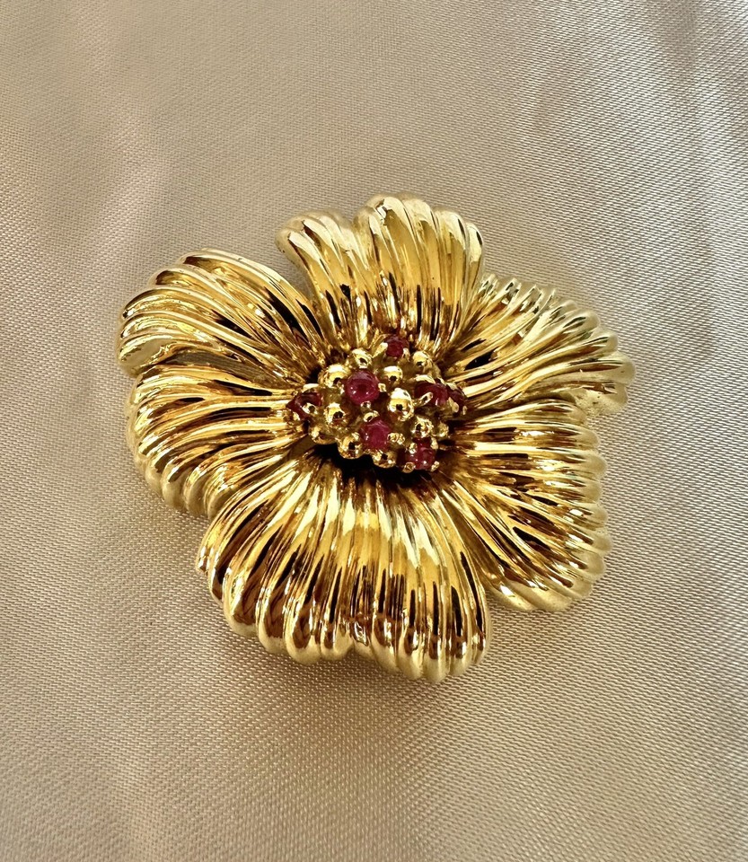 MAGNIFICENT TIFFANY & CO 18K YELLOW GOLD RUBY BROOCH WITH BOXES *MUST ...
