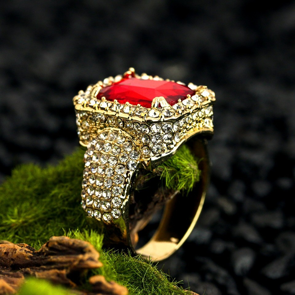 Red Pinky Ring Iced Cubic Zirconia 18k Gold Plated Hip Hop Fashion ...
