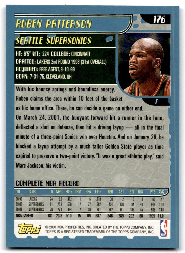 2001-02 Topps Ruben Patterson Basketball Cards #176 | eBay