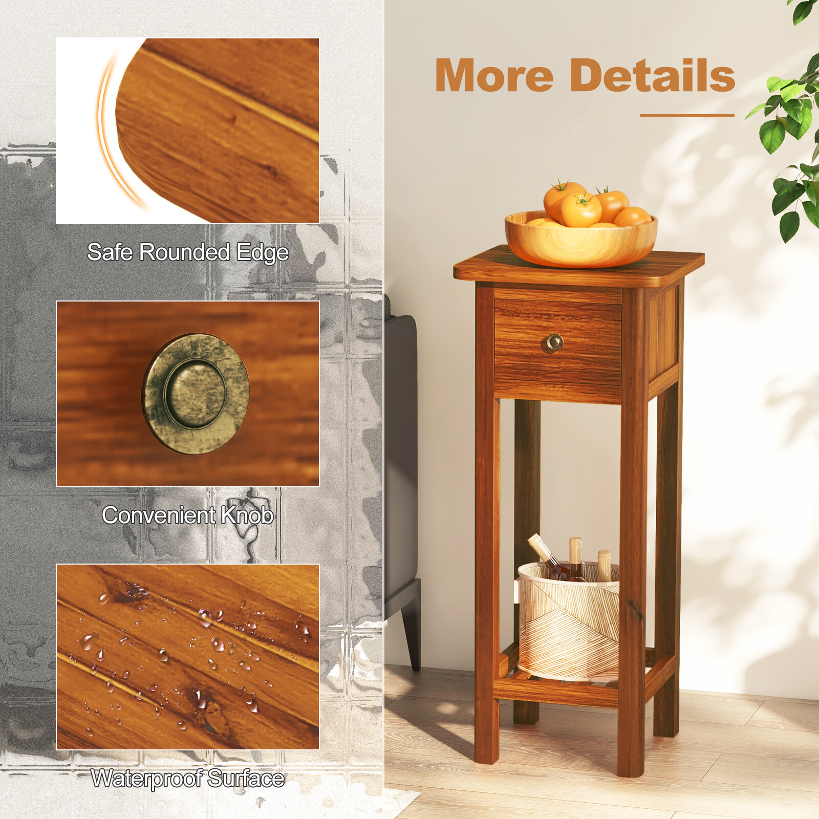 2PCS Solid Wood Side Table w/ Acacia Wood Top Drawer & Open Shelf Small ...