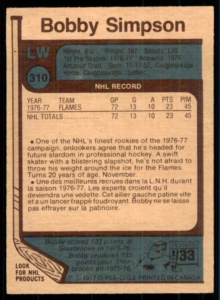 1977-78 O-Pee-Chee Bobby Simpson RC Atlanta Flames #310 | eBay
