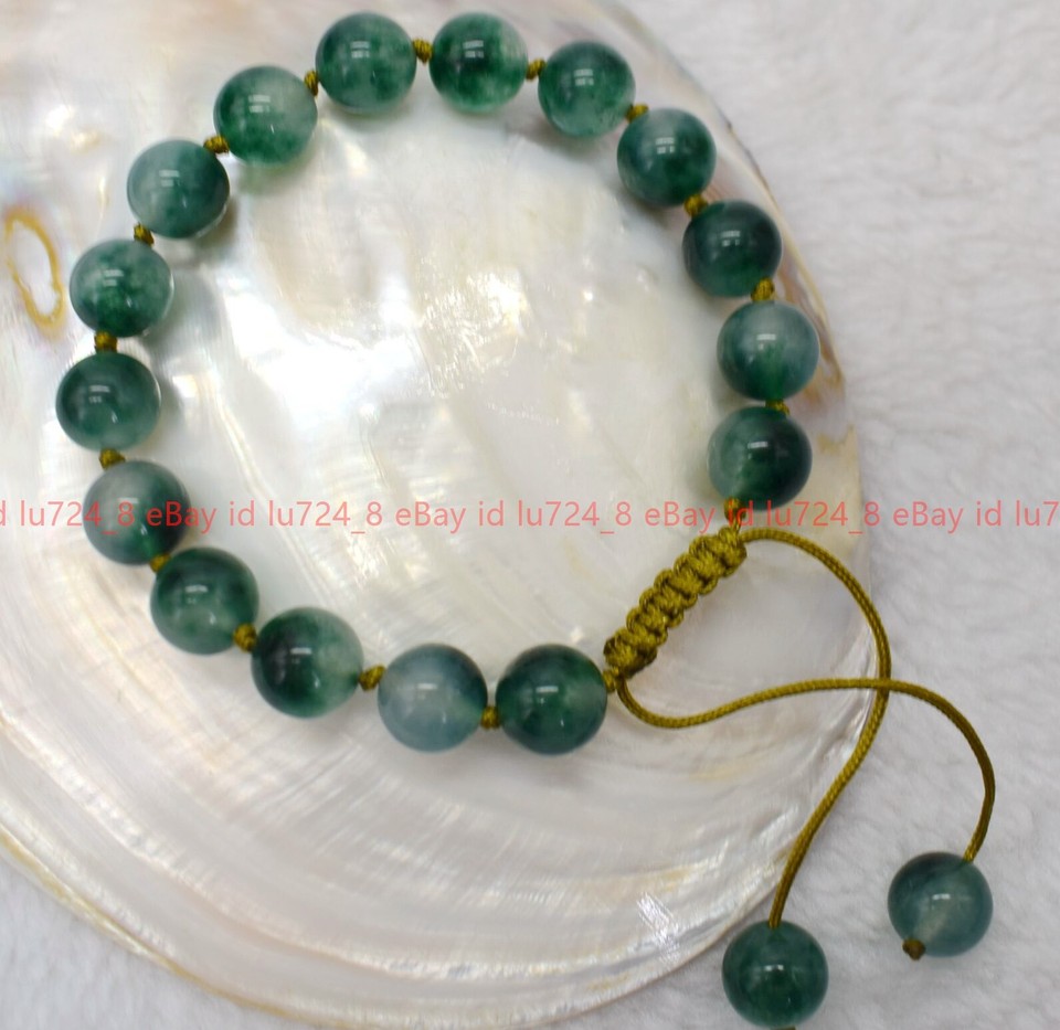 6-14mm Natural Spotted Green Jade Round Gemstone Beads Braided Bracelet ...