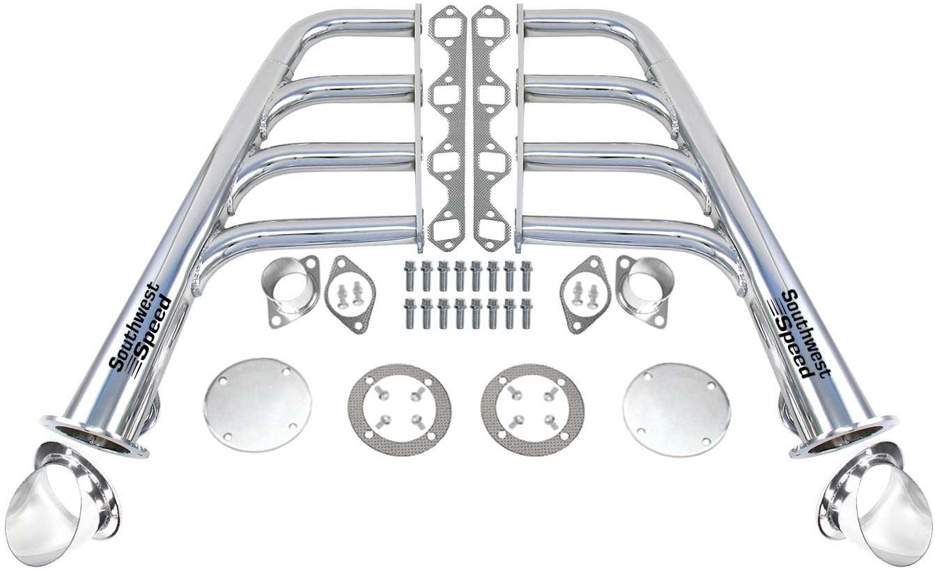 NEW LAKE STYLE CHROME PLATED HEADERS W/ CERAMIC TURNOUTS,SBF 260-351W V ...