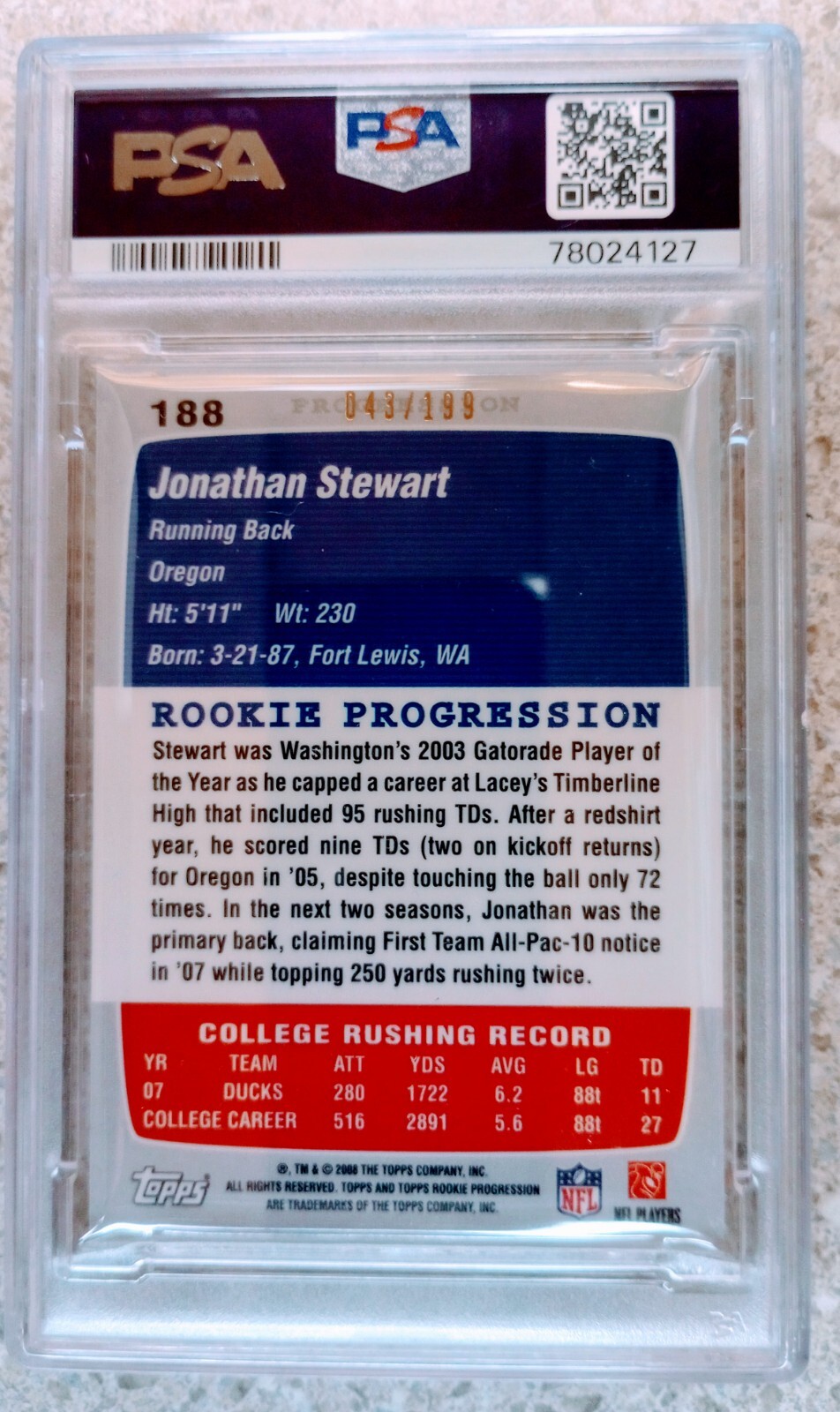 '08 Topps Rookie Progression 43/199 Gold #188 Jonathan Stewart ROOKIE ...