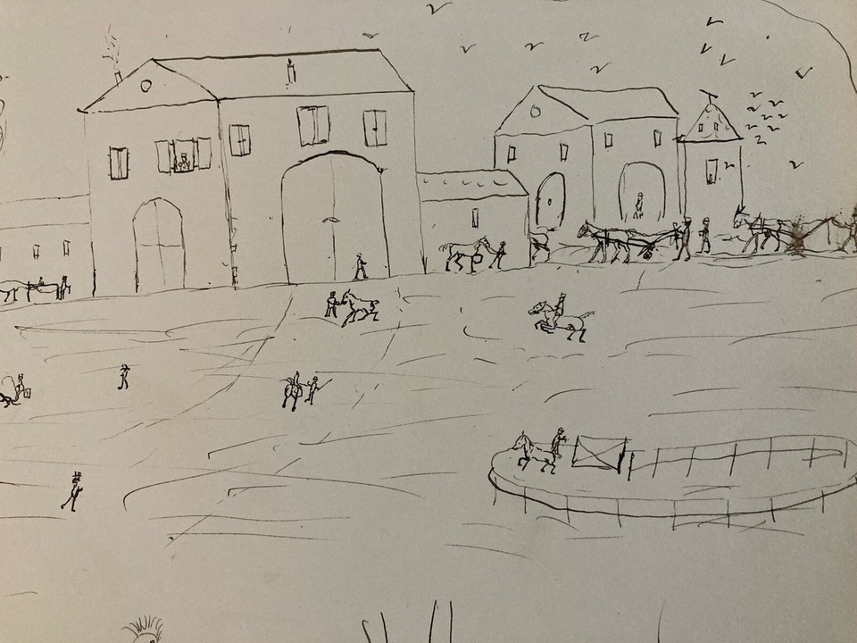 Beautiful Large Drawing D’ Kids Ink Xixth Art Raw Lavis Castle Horse ...