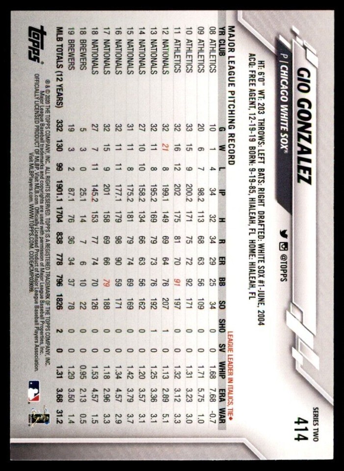 2020 Topps Baseball Card Gio Gonzalez Chicago White Sox #414 | eBay