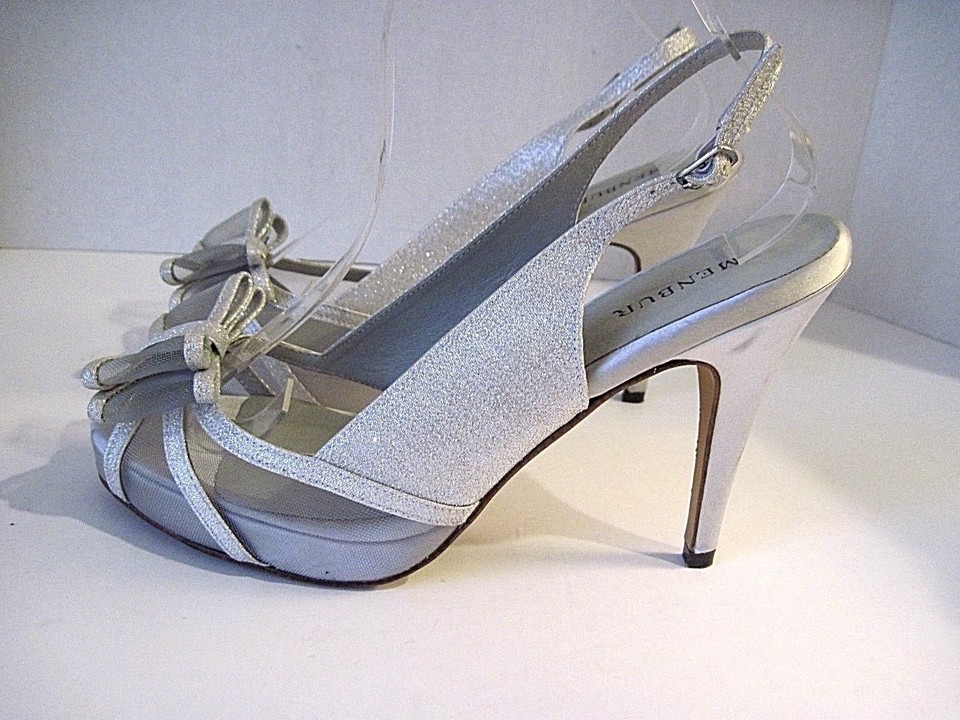 Menbur Silver Metallic Front Bow Satin Heel Slingbacks Pump Size EUR 40 ...