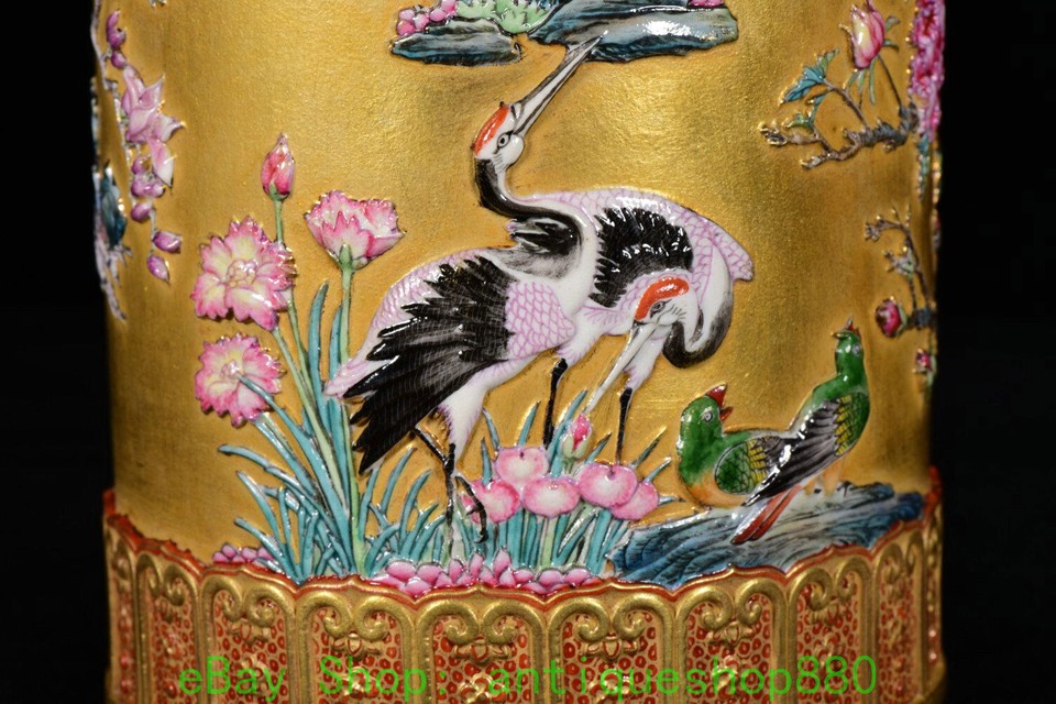 10.2'' Marked Famille Rose Porcelain Gold Crane Phoenix Flower Bird Hat ...