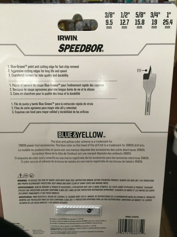IRWIN SPEEDBOR Flat Drill Bit 5 pc Set Wood CHN 88885 3/8, 1/2, 5/8, 3/ ...