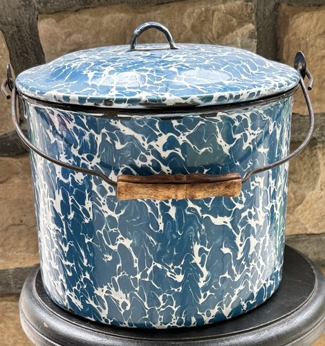 Enamelware Blue & White Swirl Spatterware Pail Bucket W/ Lid Antique ...