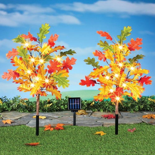 Set of 2 Solar LED Fall Autumn Maple Tree Garden Stake Outdoor Lawn ...